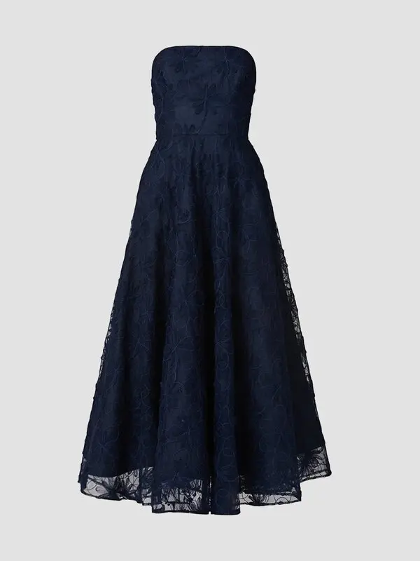 Shoshanna Mccall Floral Embroidered Strapless Tea-length Dress - Navy