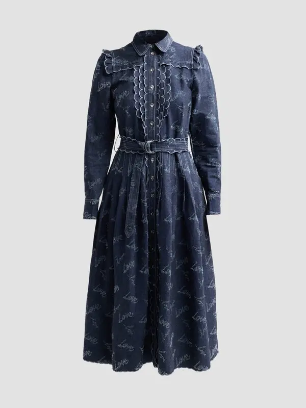 MAISON COMMON Belted Embroidered Chambray Midi Shirtdress
