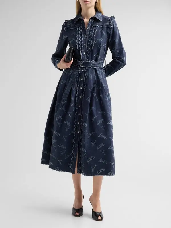 MAISON COMMON Belted Embroidered Chambray Midi Shirtdress