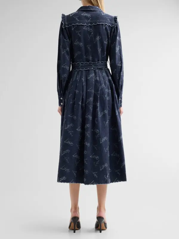 MAISON COMMON Belted Embroidered Chambray Midi Shirtdress