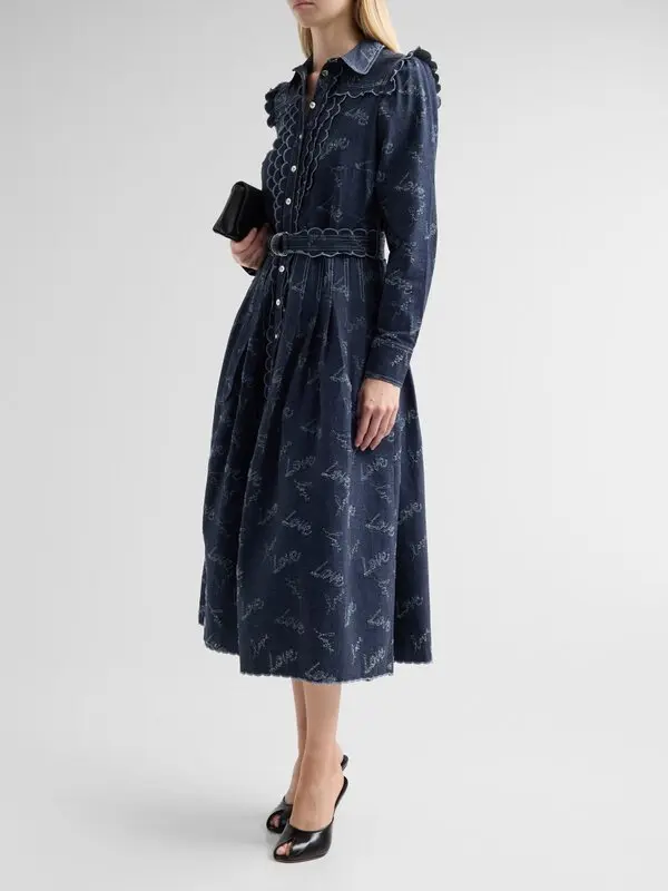MAISON COMMON Belted Embroidered Chambray Midi Shirtdress