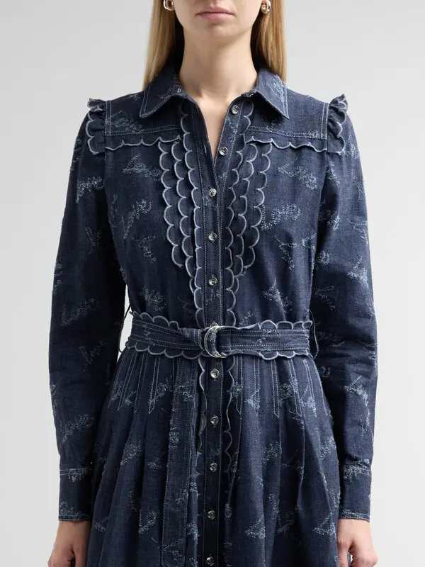 MAISON COMMON Belted Embroidered Chambray Midi Shirtdress