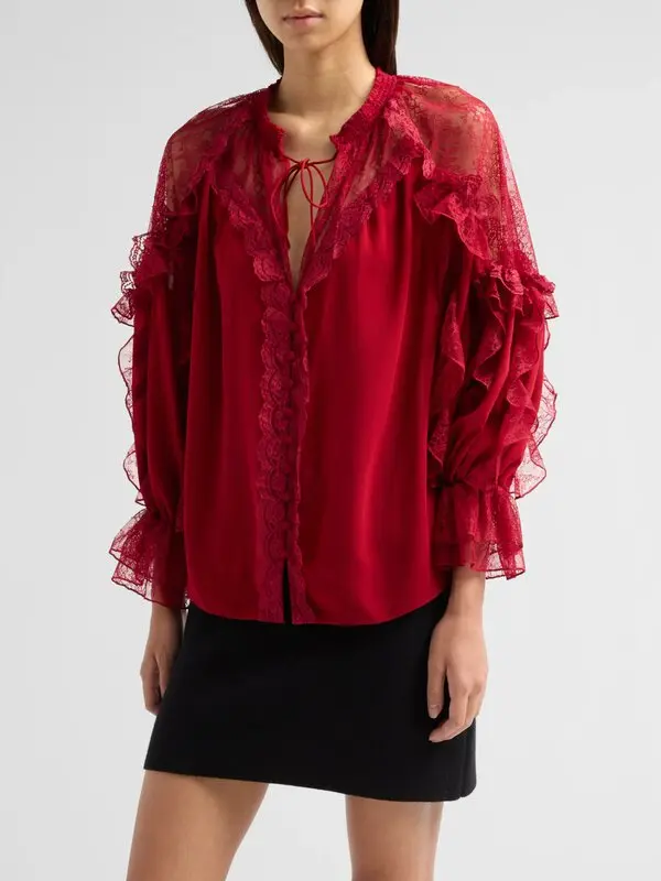 Alice + Olivia Aleena Ruffled Lace-trim Blouse