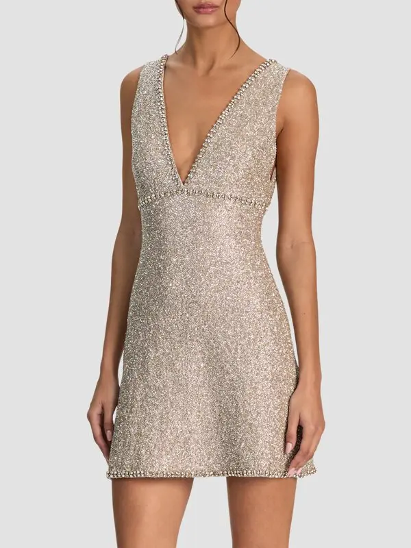 Alice + Olivia Mandy Embellished Plungingv-neck Mini Dress