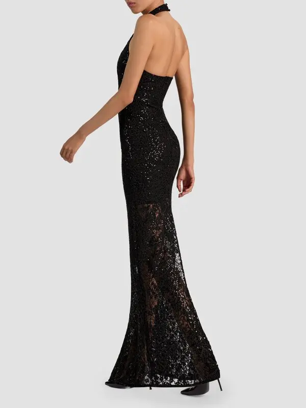 Alice + Olivia Koi Sequined Lace Halter Maxi Dress