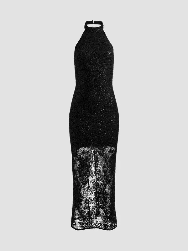 Alice + Olivia Koi Sequined Lace Halter Maxi Dress