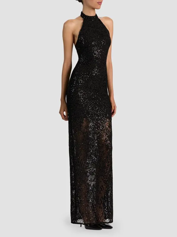 Alice + Olivia Koi Sequined Lace Halter Maxi Dress