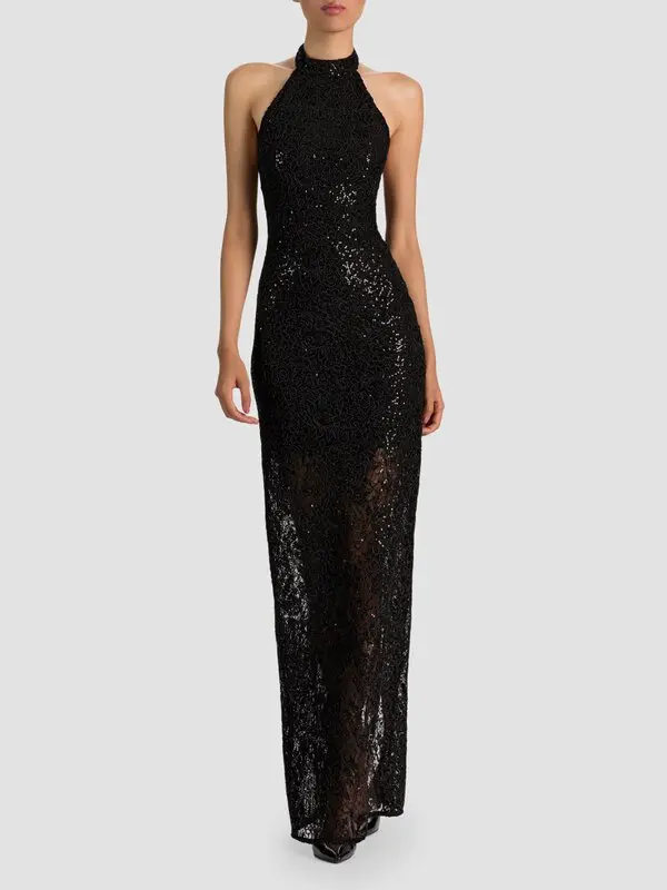 Alice + Olivia Koi Sequined Lace Halter Maxi Dress