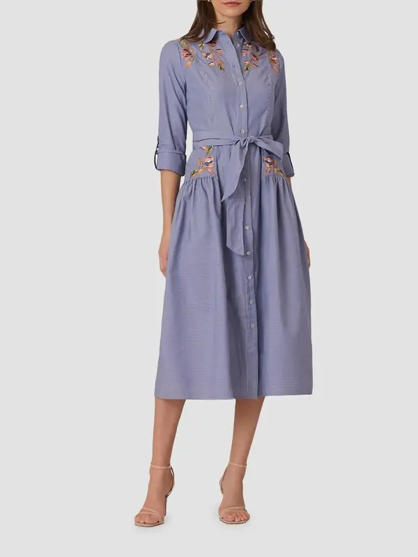 Shoshanna Caldwell Embroidered Pinstriped Shirtdress
