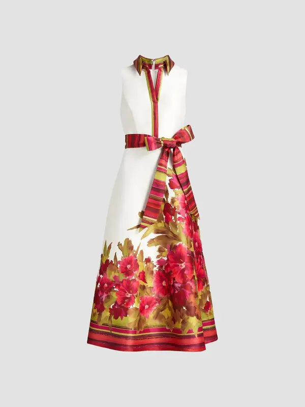 Badgley Mischka Border Floral Belted Cocktail Dress