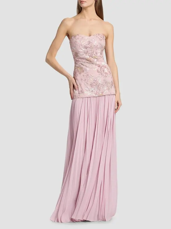 Badgley Mischka Beaded Drop Waist Strapless Gown