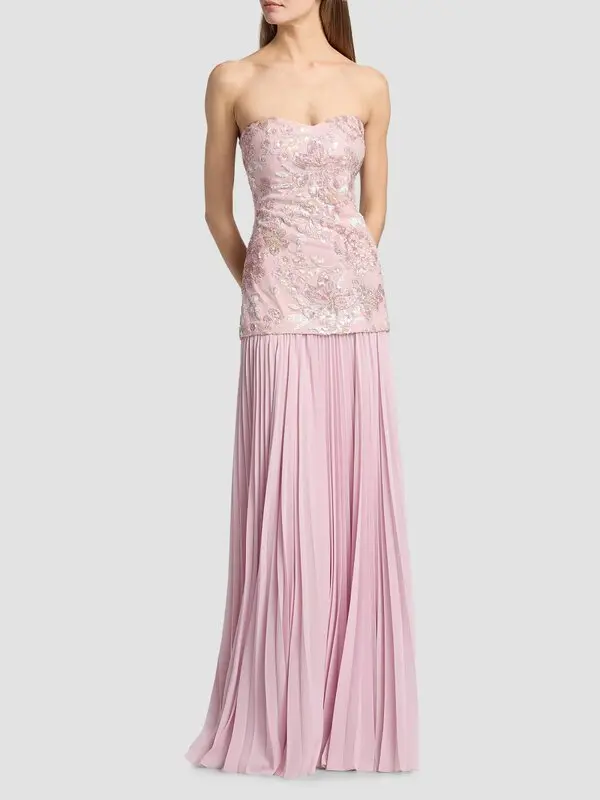 Badgley Mischka Beaded Drop Waist Strapless Gown