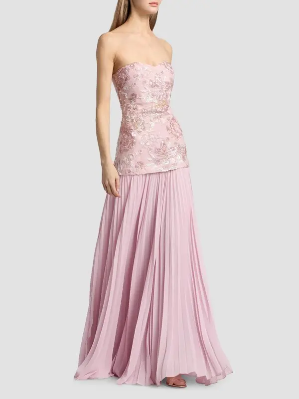 Badgley Mischka Beaded Drop Waist Strapless Gown