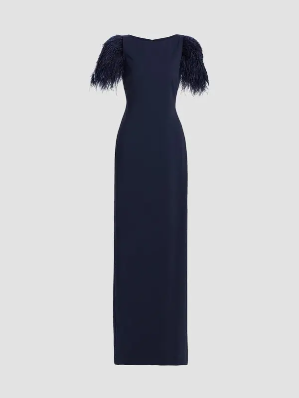 Badgley Mischka Feather Cuff Odessa Crepe Column Gown