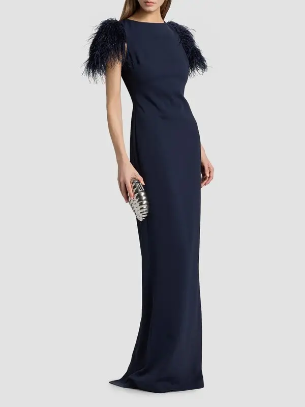 Badgley Mischka Feather Cuff Odessa Crepe Column Gown
