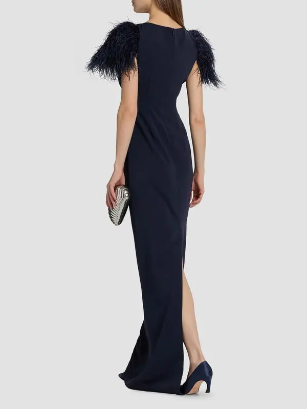 Badgley Mischka Feather Cuff Odessa Crepe Column Gown