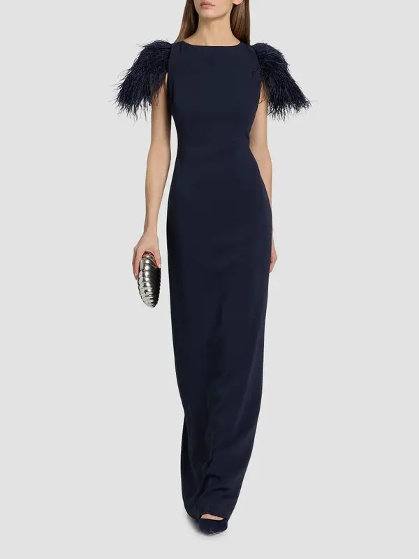 Badgley Mischka Feather Cuff Odessa Crepe Column Gown