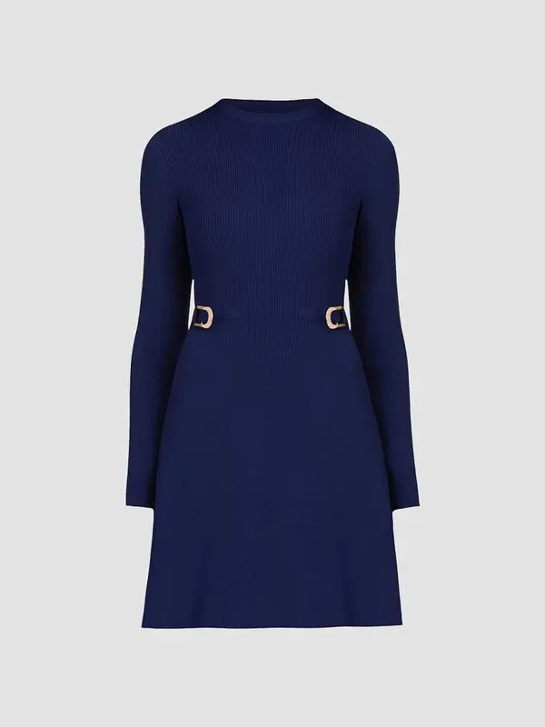 Shoshanna Janice Buckle-detailed Rib-knit Fit & Flare Dress - Navy