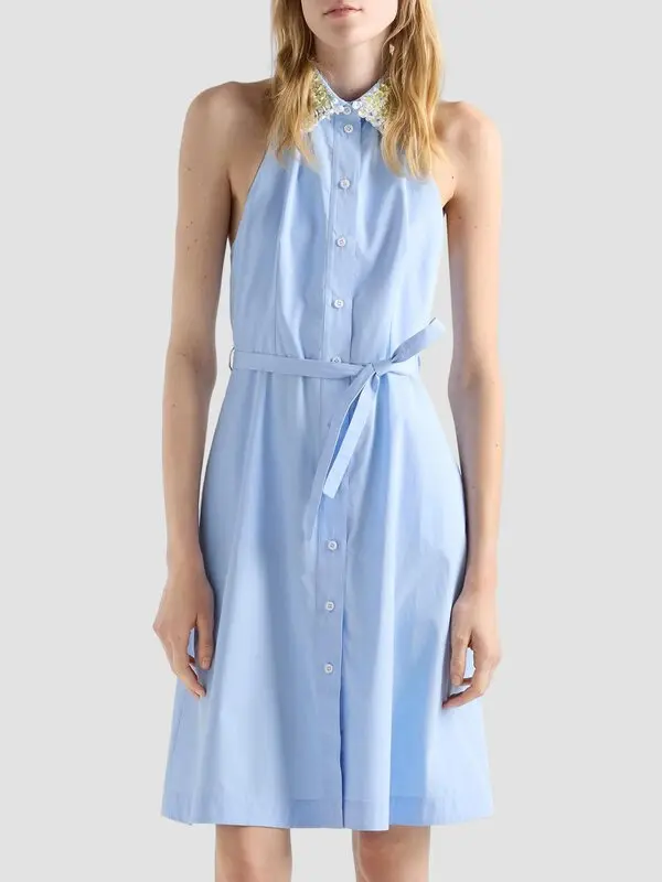 Prada Embroidered Poplin Shirt Dress - Blue