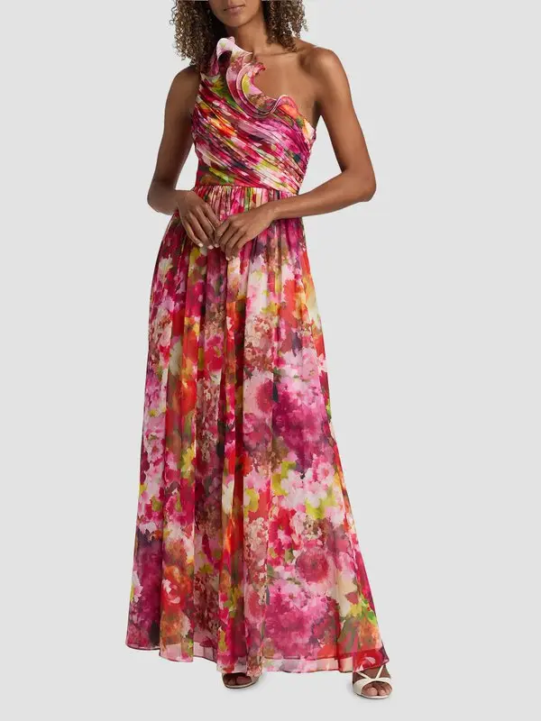 Badgley Mischka Floral Georgette Frill A-line Gown