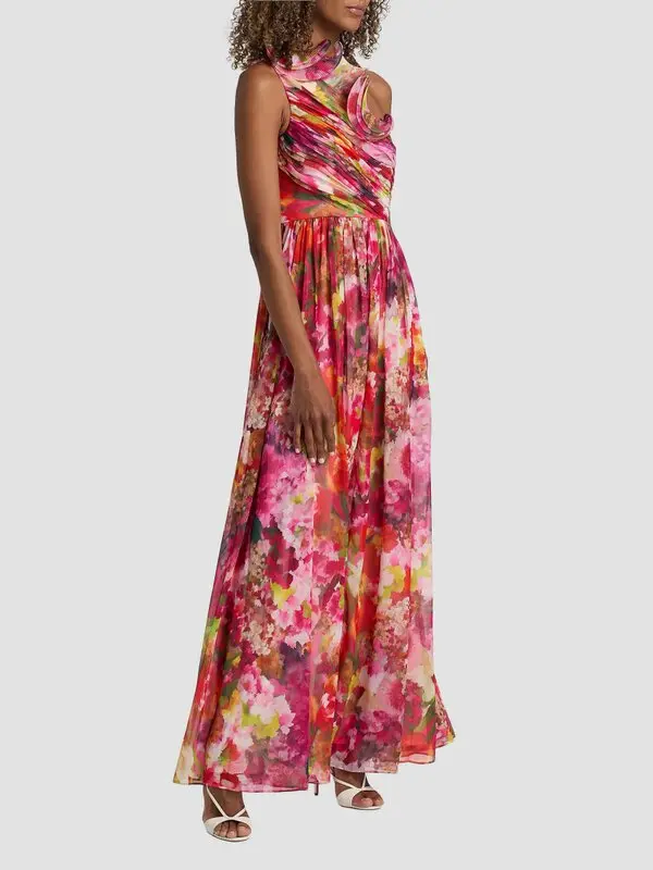 Badgley Mischka Floral Georgette Frill A-line Gown