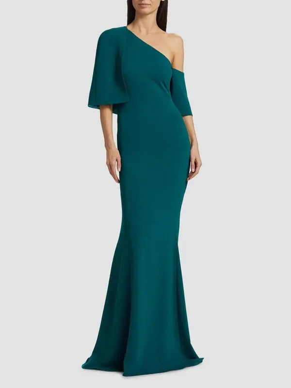 Badgley Mischka Stretch-crepe Cape Gown