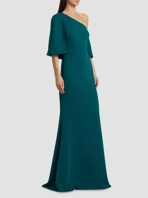 Badgley Mischka Stretch-crepe Cape Gown