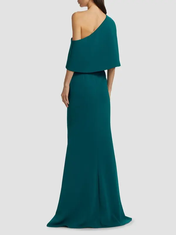Badgley Mischka Stretch-crepe Cape Gown