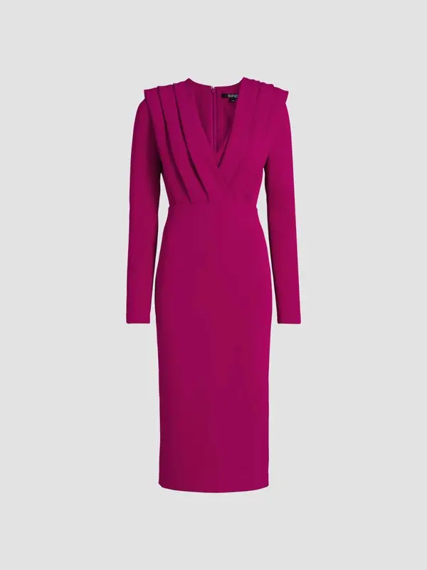 Badgley Mischka Pleated Stretch Crepe V-neck Midi-dress