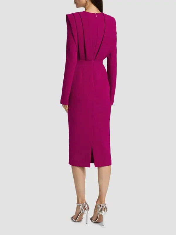 Badgley Mischka Pleated Stretch Crepe V-neck Midi-dress