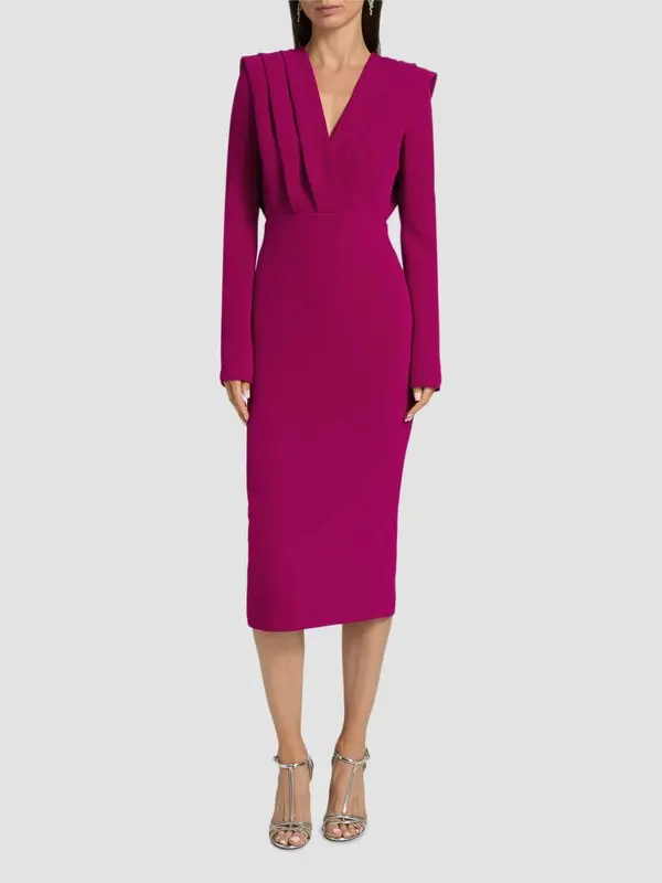 Badgley Mischka Pleated Stretch Crepe V-neck Midi-dress