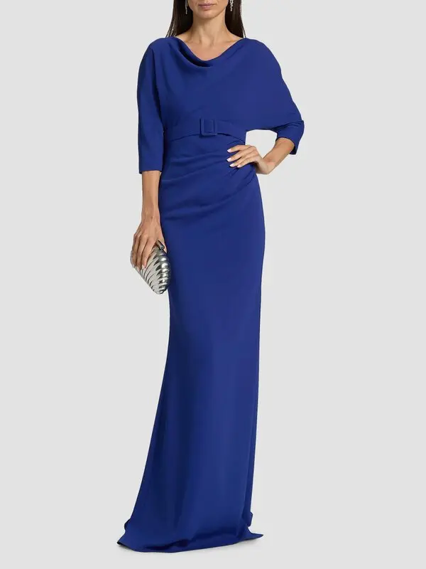 Badgley Mischka Draped Belted Cowlneck Gown