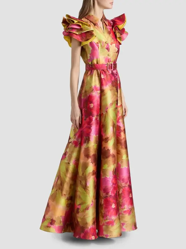 Badgley Mischka Vibrant Floral Flutter-sleeve Gown