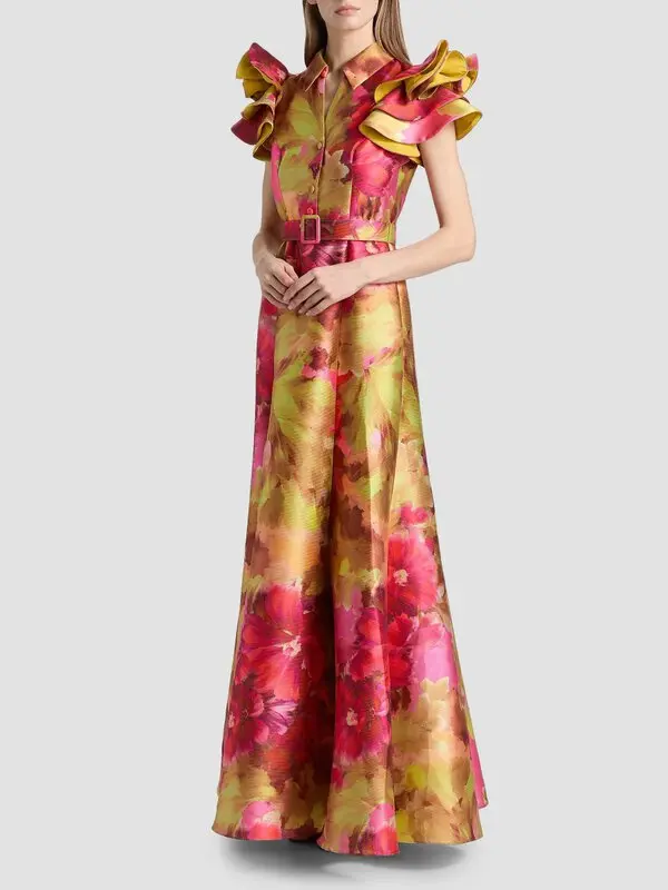 Badgley Mischka Vibrant Floral Flutter-sleeve Gown