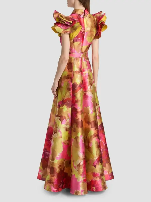 Badgley Mischka Vibrant Floral Flutter-sleeve Gown
