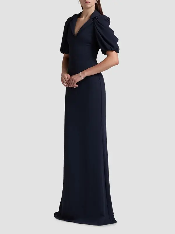 Badgley Mischka Crepe Puff-sleeve Evening Gown