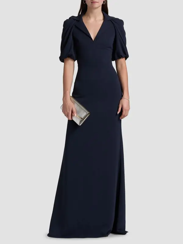 Badgley Mischka Crepe Puff-sleeve Evening Gown
