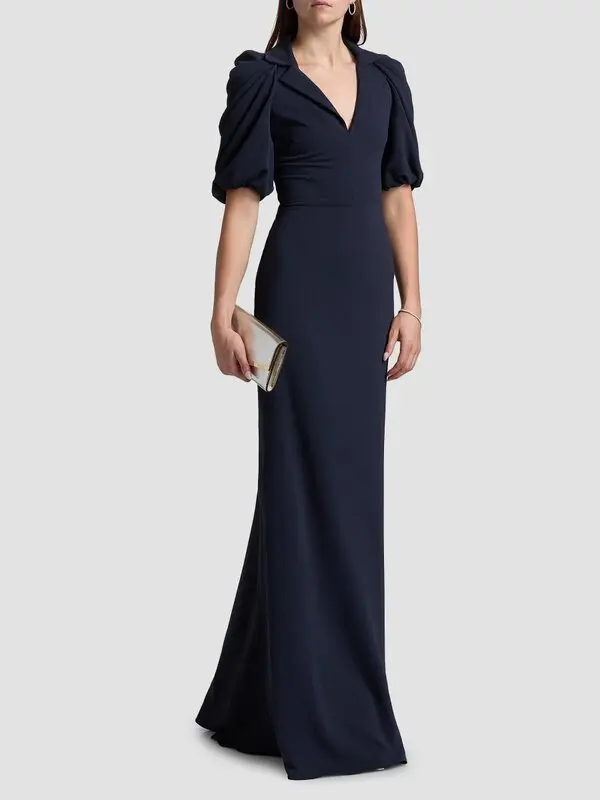 Badgley Mischka Crepe Puff-sleeve Evening Gown