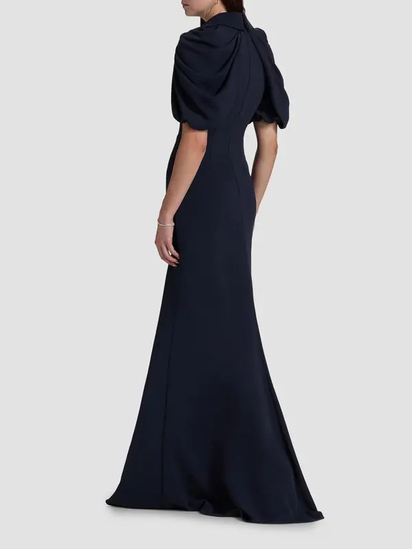 Badgley Mischka Crepe Puff-sleeve Evening Gown