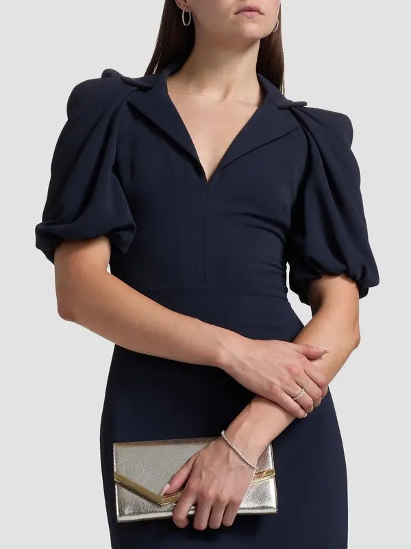 Badgley Mischka Crepe Puff-sleeve Evening Gown