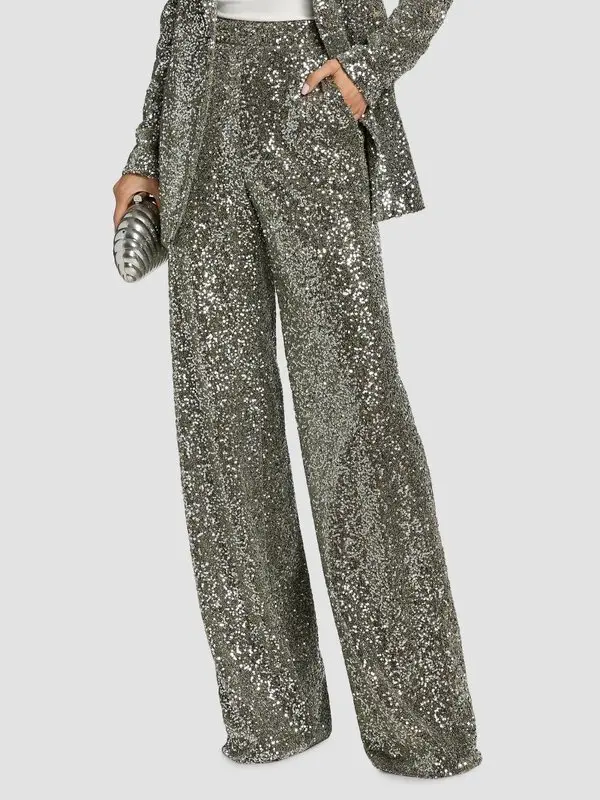 Badgley Mischka Sequined High-rise Wide-leg Evening Pants