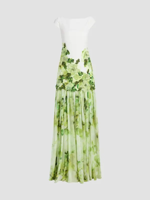 Badgley Mischka Floral Appliqué Drop-waist Gown - Lime Multi