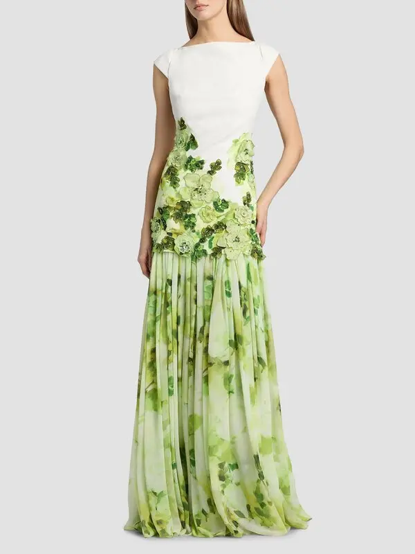 Badgley Mischka Floral Appliqué Drop-waist Gown