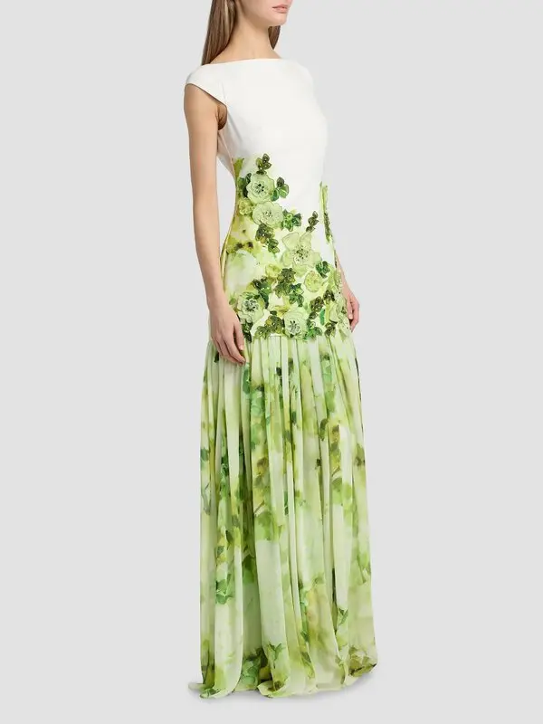 Badgley Mischka Floral Appliqué Drop-waist Gown