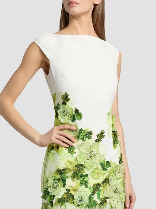 Badgley Mischka Floral Appliqué Drop-waist Gown