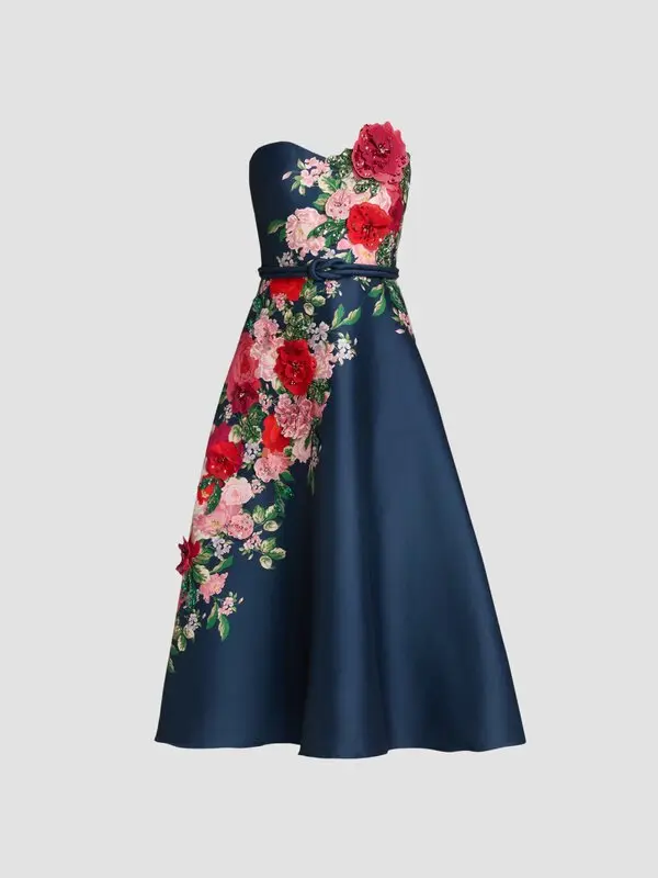 Badgley Mischka Floral Embellished Strapless Cocktail Dress