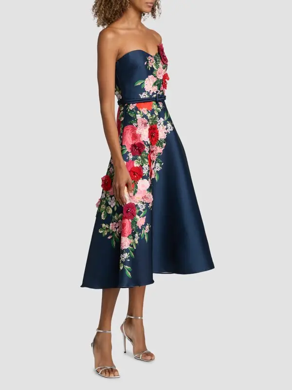 Badgley Mischka Floral Embellished Strapless Cocktail Dress