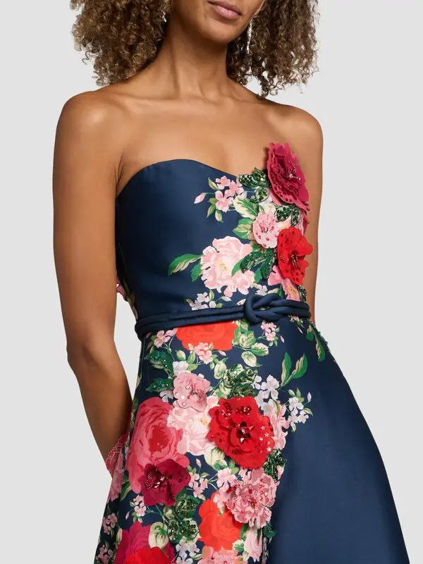 Badgley Mischka Floral Embellished Strapless Cocktail Dress