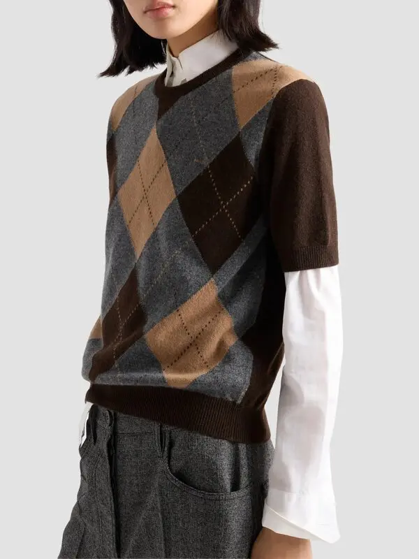 Prada Short-sleeved Argyle Cashmere Sweater