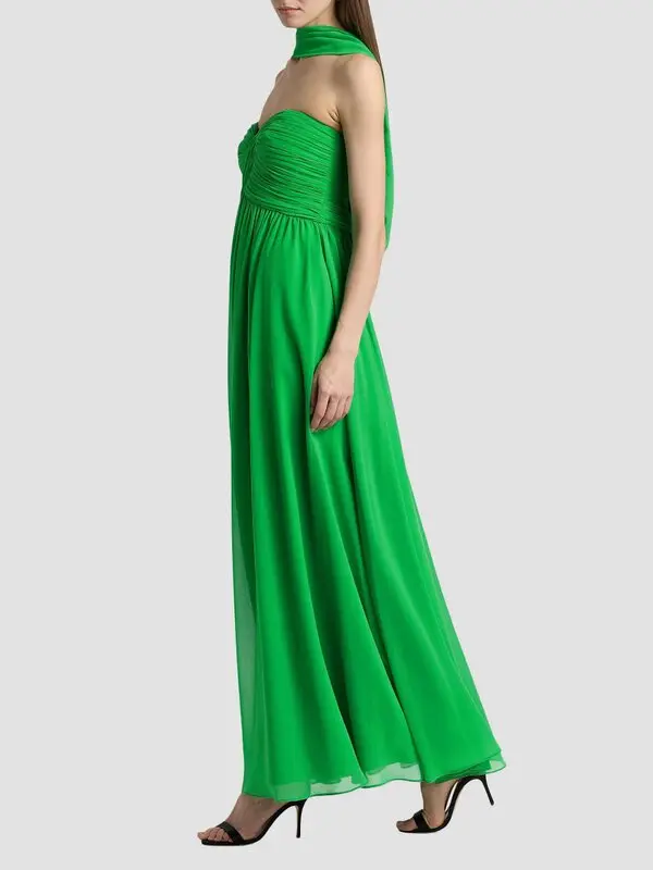 Badgley Mischka Gathered Strapless Scarf-neck Gown